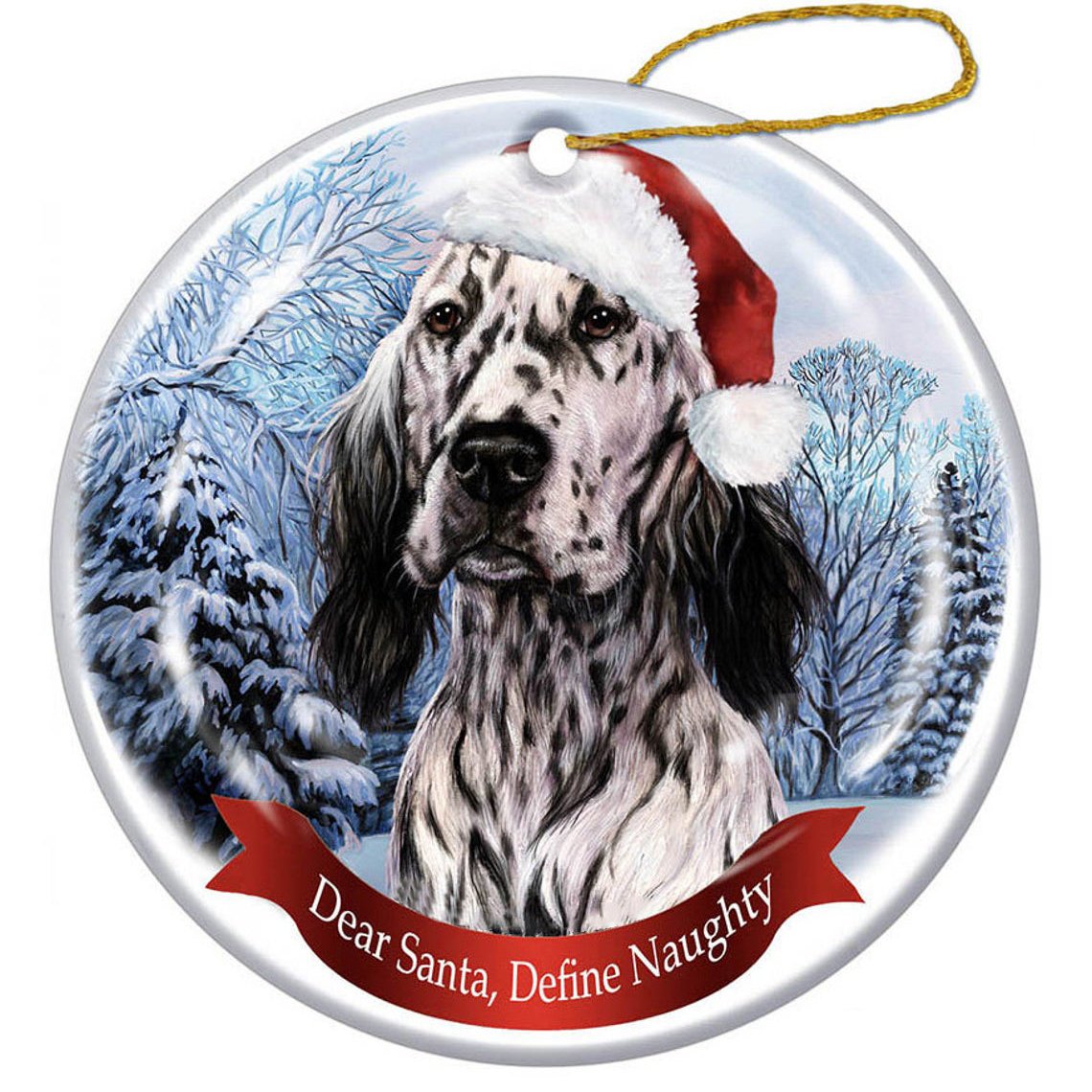 English Setter (Blue) Santa Hat Porcelain Christmas Ornament - Noodever